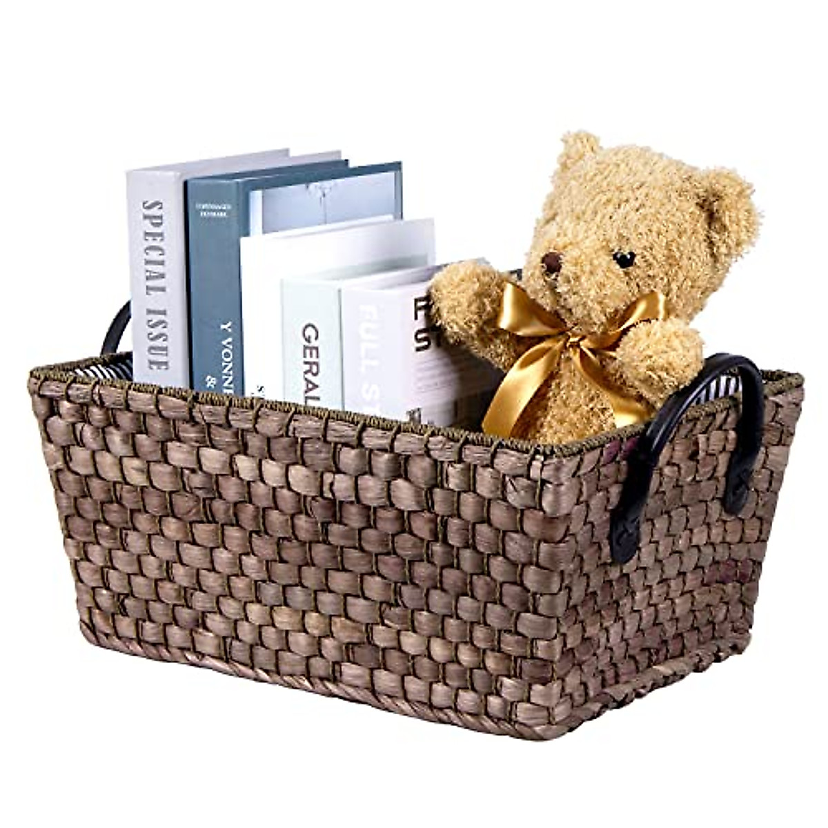 MyGift Woven Brown Wicker Handled Storage Basket with Decorative Striped Fabric Liner, Rectangular Open Organization Basket Bin for Nursery, Magazines Pet Toys, Media and Small Household Items
