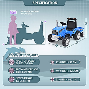Joywhale 12V Kids Ride on Tractor with Trailer Battery Powered Motorized Electric Car for Kids Ages 3-6, with Detachable Trailer, 2.4G Remote Control, Exhaust Pipe & Bright Headlight, Blue