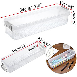 BTSKY Long Plastic Stackable Box Home, Office Supplies Storage Organizer Box Pencil Box Plastic Organizer Holder for Gel Pens Erasers Tape Pens Pencils Markers etc- 3 Pack - Clear with Grey Clip