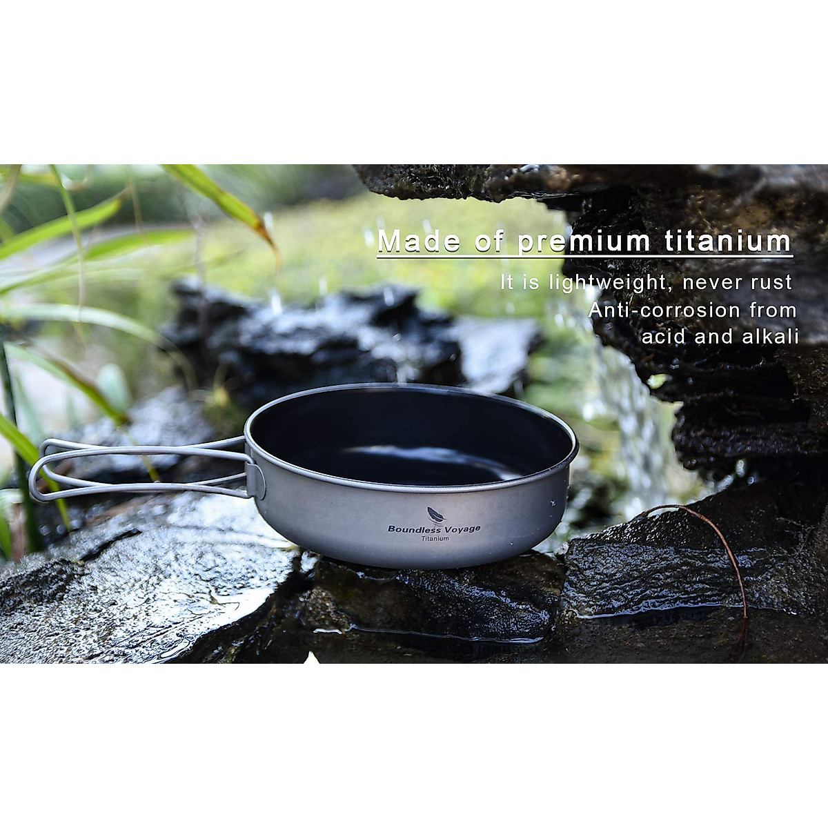 Boundless Voyage Camping Titanium Non-Stick Pan with Folding Handle Ultralight Outdoor Ceramic Coating Frying Pan Small Portable Picnic Hiking BBQ Cookware (Ti2067C-L-18CM)