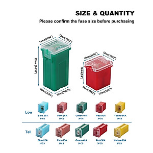 CrocSee 30 Pieces Car Fuses Assortment Kit, Tall/Standard and Low Profile Box Shaped Automotive Fuses for Pickup Trucks, Cars, RVs, and SUVs