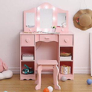 Hobbyfield Kids Vanity Table, Girls Vanity with Tri-Folding Mirror, Drawer,Open Storage Shelves, Makeup Playset with Chair, Princess Vanity Table for Toddlers(Pink)
