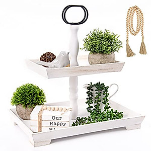 Perfnique Tiered Tray Stand, White Wooden 2 Tier Tray with 58in Wood Bead Garland, Serving Tray, Farmhouse Rustic Home Kitchen Decor, Morden Decorations Set for Shelf Coffee Bar Table (White)