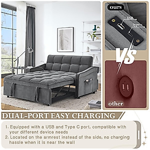 JEEOHEY Sleeper Sofa Couch with Type C, USB Port, 3 in 1 Modern Velvet Convertible Loveseat Sofa w/Pull Out Bed, Curved Armrest for Small Space Livingroom Apartment Office, Grey