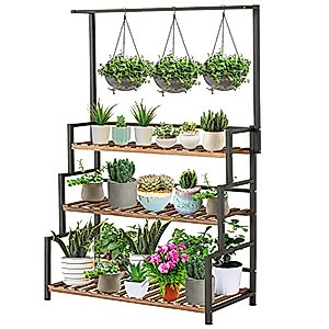 ULIKE Hanging Plant Shelves Indoor 3-Tier Stand with Bar, Flower Pot Organizer Outdoor Shelf for Multiple Plants, Wood Rack with Metal Frame for Garden Balcony Patio Bedroom Office