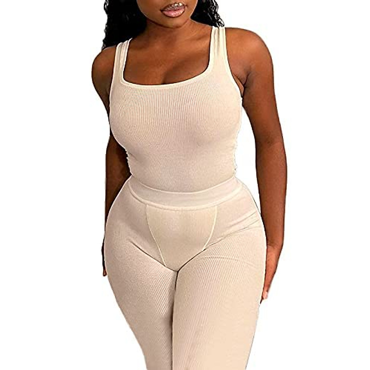 LICOBOD Casual Workout Sets 2 Piece Outfits for Women Ribbed Crop Tank Top High Waist Yoga Leggings Lounge Wear Tracksuit