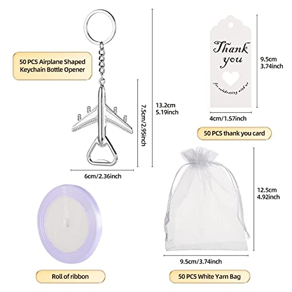 50Pcs Airplane Bottle Openers with Keychain & Keyrings for Wedding Favors, Bridal Shower Gifts for Guests or to make flight attendant gifts for a trip，Include White Sheer Favor Bag Thank You Card