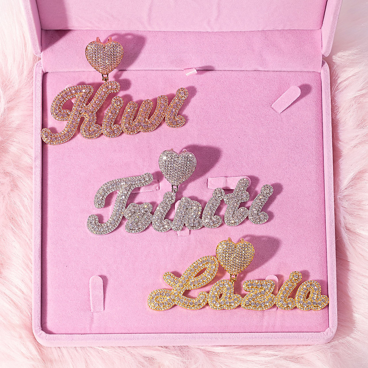 Iced Out Custom Name Necklace with Cuban Link Chain for Man Women, Hip Hop 14k Real Gold Plated Personalized Initial Letter Pendant Necklaces, Handmade Customized Nameplate Jewelry Gifts for Women Men (Heart Rose Gold/Pink)