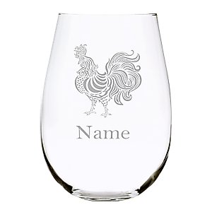 Rooster with name Stemless wine glass, 17 oz.