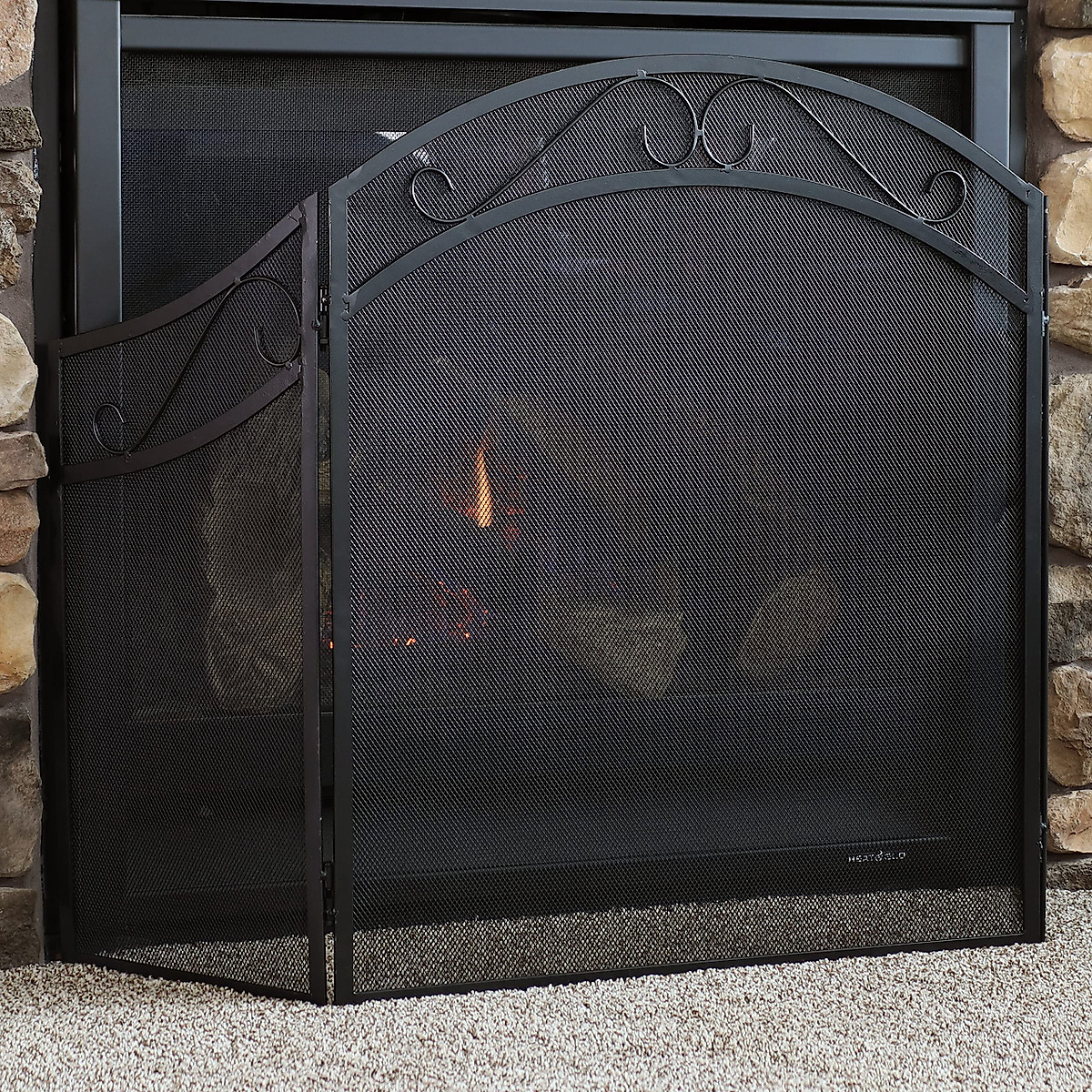 Sunnydaze Elegant Scrolling Design Steel 3-Panel Fireplace Screen with Black Powder-Coated Finish