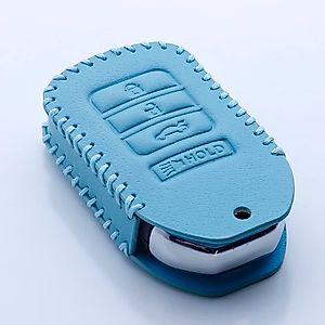 ANSOZLEE Genuine Leather Smart Key Keyless Remote Entry Fob Case Cover with Key Chain Suitable for Honda Civic, Fit, CR-V，Accord, Pilot (Blue)