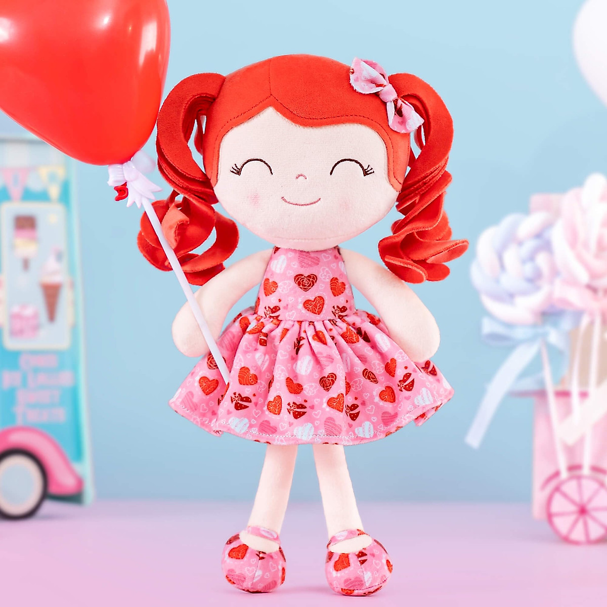 Gloveleya Soft Dolls Plush Figure Key Chain Curly Hair Red Hair Heart Dress Baby Doll 12inches