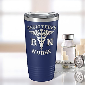 RN Registered Nurse Gift, Nursing School on Navy Blue 20 oz Stainless Steel Tumbler with Lid - Insulated Cup - Travel Mug