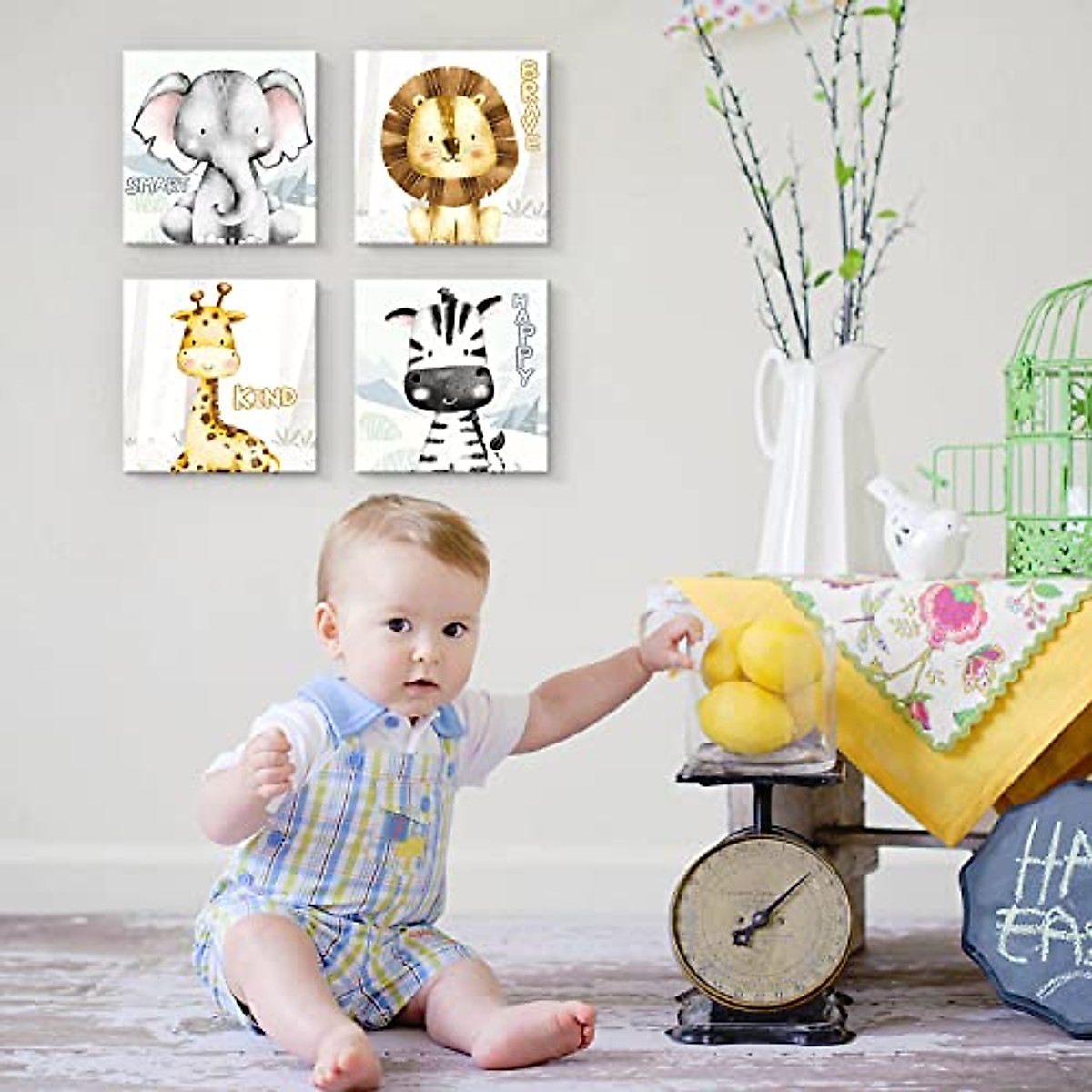 Creoate Kids Room Decor Wall Art, 4 Pieces Cute Animal Picture with Inspirational Quotes Canvas Print Artwork Framed Set Adorable Nursery Wall Art for Kid Baby Child Room (12x12 Inch x4pcs)