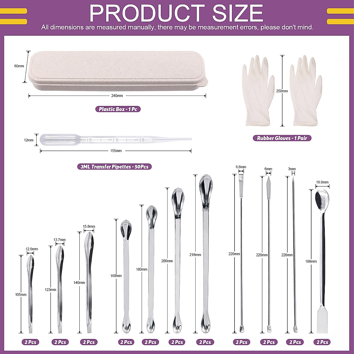 Swpeet 74Pcs Stainless Steel Micro Lab Scoop Spoon Lab Spatulas with 3ML Plastic Transfer Pipettes Kit, Pill Filler Tamper Tool Micro Spatula Steel Spoon Reagent Mixing Spatula Long Sampling Spoon