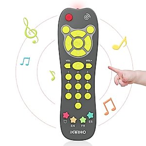 Baby Remote Control Toy with Light Sound Realistic Toddler TV Remote Toy with Adjustable Volume Kid Learning Education Musical Toys with English French Spanish Infant Gift for Boy Girl 6M+ (Gray)