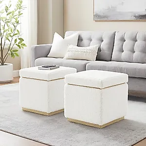 Linon Cream Lexington Sherpa Upholstered Square Storage Ottoman with Natural Wood Accent