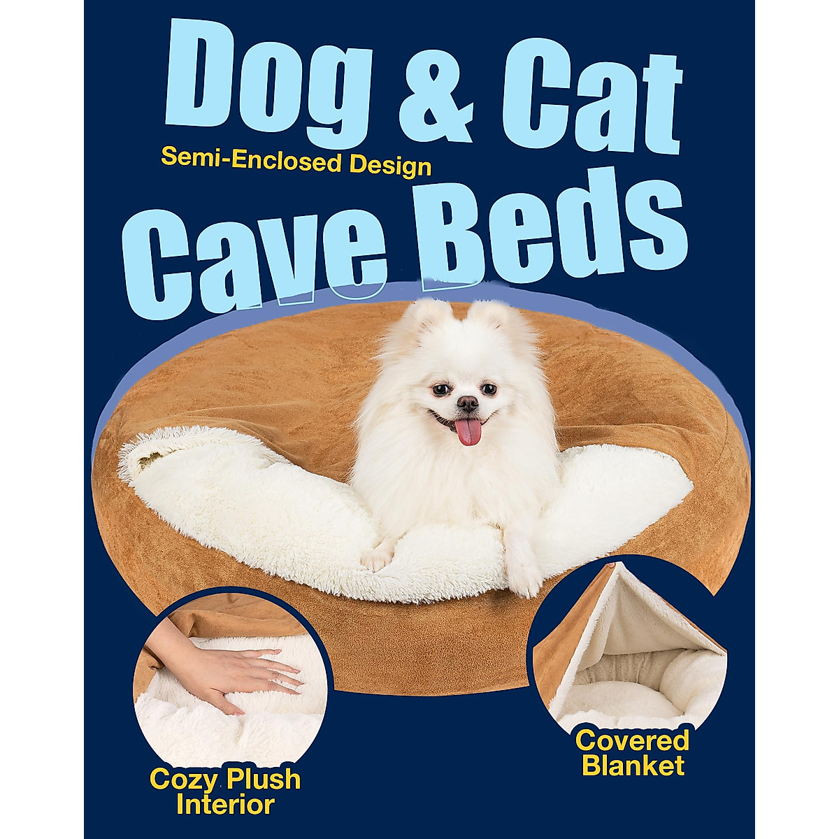 Pet Soft Small Dog Bed Cat Bed with Cover Cave - Round Calming Dog Beds Washable Cuddler Puppy Beds for Small, Medium Dogs and Cats (Khaki, 27")