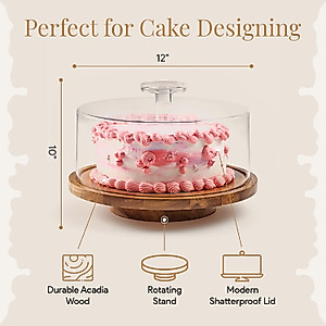 Homesphere Rotating Cake Stand with Lid - 12 Inch Round Cake Holder with Cover, 4” Tall, Acacia Wood Spinning Cake Turntable for Decorating, Display and Serving Platter, Acrylic Cake Dome, No Glass