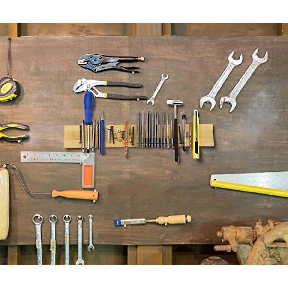 15.7 Inch Bamboo Magnetic Bits Holder Bar, Powerful Magnetic Garage Wall Pegboard Anti-Lost Workshop Small Metal Tools Storage Flat Magnet Strip,Easy Access Tools Organizer, Keep your Tools in Neat