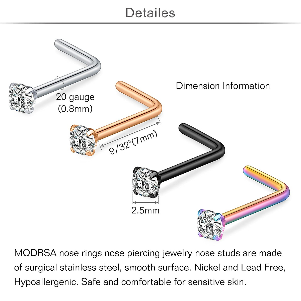 MODRSA Nose Rings 20g Nose Rings Studs L Shape Nose Piercings Stainless Steel Nose Rings Hoops Diamond Heart Hypoallergenic Nostril Nose Piercing Jewelry for Women Men Silver Rose Gold Black Rainbow