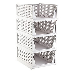 WDPUCHU Stackable Plastic Storage Basket-Foldable Closet Organizers and Storage Bins - Drawer Shelf Storage Container for Wardrobe Cupboard Kitchen Bathroom Office (White Large-4 Pack)