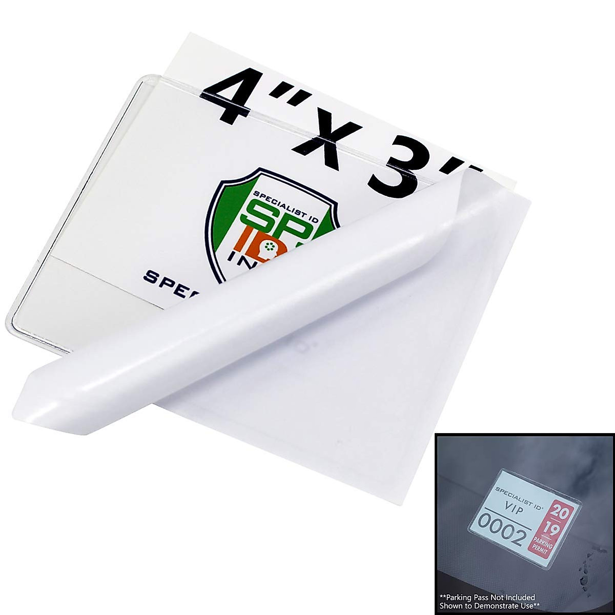 2 Pack - Parking Permit Holder for Car Windshield - Clear Adhesive Parking Tag Pouch - Vinyl Plastic Document Protector Holds Large Parking Placard, Pass, Decal or Sticker (4 x 3) by Specialist ID