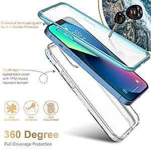 Esdot for iPhone 13 Mini Case with Built-in Screen Protector,Military Grade Rugged Cover with Fashionable Designs for Women Girls,Protective Phone Case 5.4" Opal Marble Teal