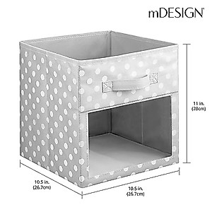 mDesign Fabric Nursery/Playroom Closet Storage Organizer Bin Box, Front Handle/Window for Cube Furniture Shelving Unit, Hold Toys, Clothes, Diapers, Bibs, 4 Pack, Gray/White Polka Dot