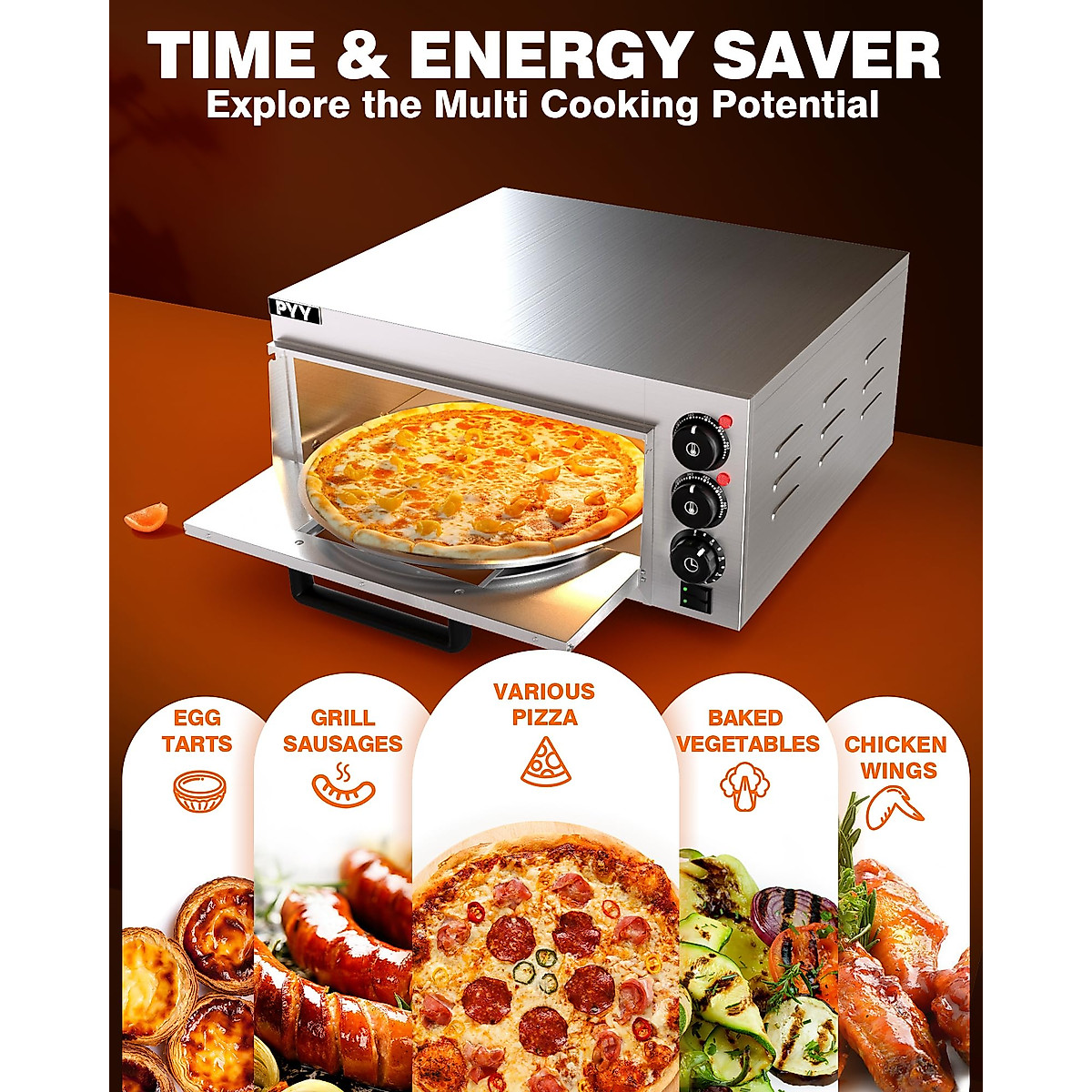 PYY Electric Pizza Oven Countertop Indoor Pizza Ovens Pizza Cooker 1800W Commercial Pizza Oven with Pizza Stone and Timer Silver