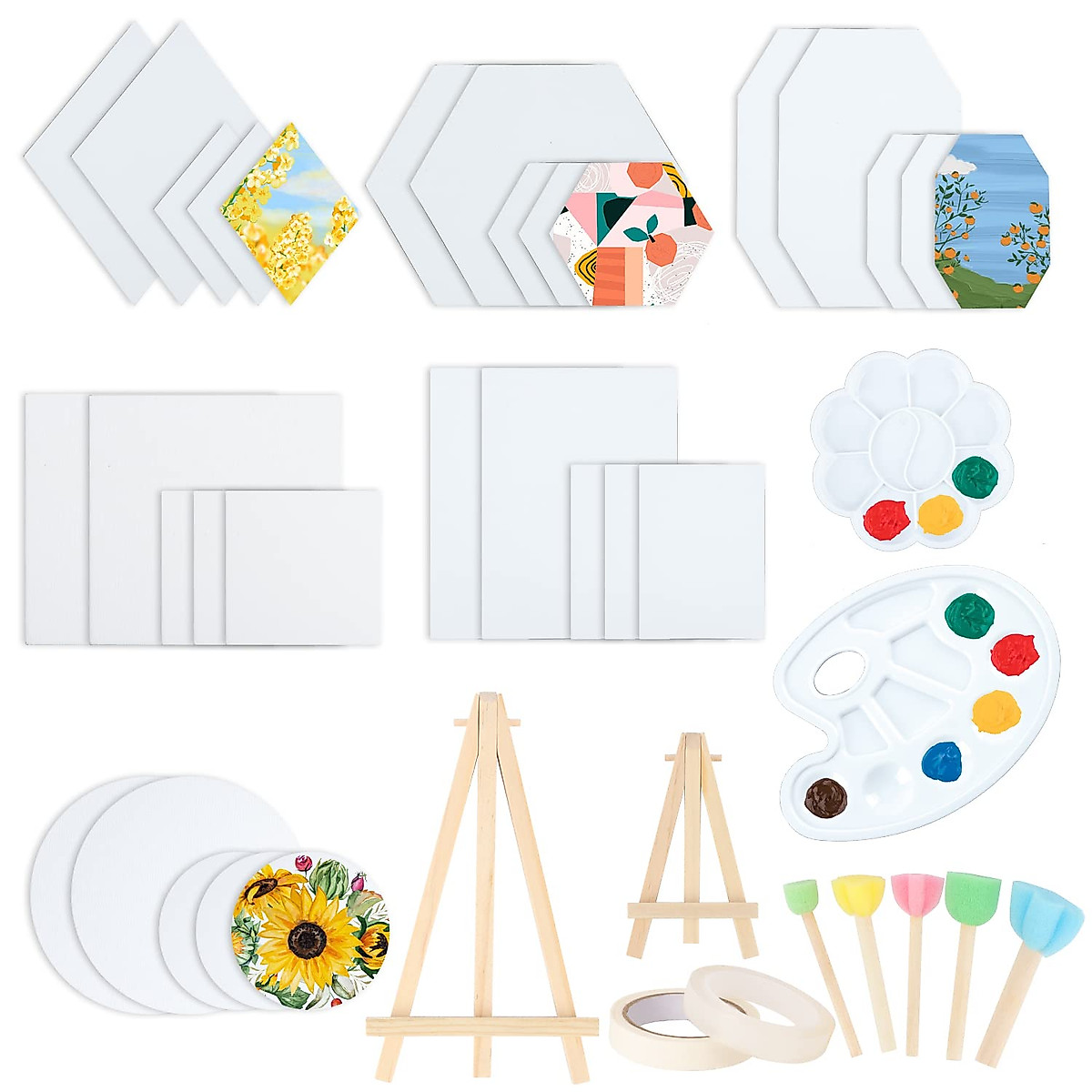 24 Packs Canvases for Painting with 4 Mini Easel, Canvas Panels for Oil Watercolor Canvas Painting Kit 8x10 5x7 Hexagon Round Rectangle Small White Blank Canvas Boards Bulk for Kids Adult Canvas Art