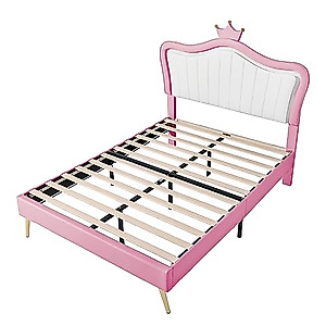 YSWH Full Size Upholstered Princess Bed, Platform Bed Frame with Adjustable Crown Shaped Headboard and LED Lights, Fun Cute Bed Princess Bed for Kids, Bedroom Furniture Upholstered Bed (White + Pink)
