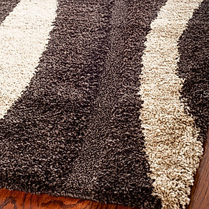 SAFAVIEH Florida Shag Collection Area Rug - 8' x 10', Cream & Dark Brown, Stripe Design, Non-Shedding & Easy Care, 1.2-inch Thick Ideal for High Traffic Areas in Living Room, Bedroom (SG451-1128)
