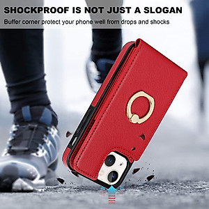 Folosu Compatible with iPhone 13 Mini Case Wallet with Card Holder, 360°Rotation Finger Ring Holder Kickstand Protective RFID Blocking PU Leather Double Buttons Flip Shockproof Cover 5.4 Inch Red