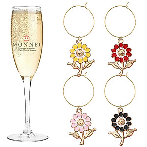 MONNEL P599 Assorted Little Sunflower Wine Charms Glass Markers Tags for Party Decorations with Velvet Bag- Set of 4