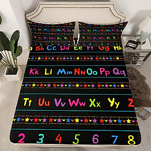 ABC Alphabet Bed Sheet Set Twin, Alphabet Numbers Fitted Sheet for Kids Educational Learning Bedding Set Learning Time Bed Cover with 1 Pillow Case (No Flat Sheet)