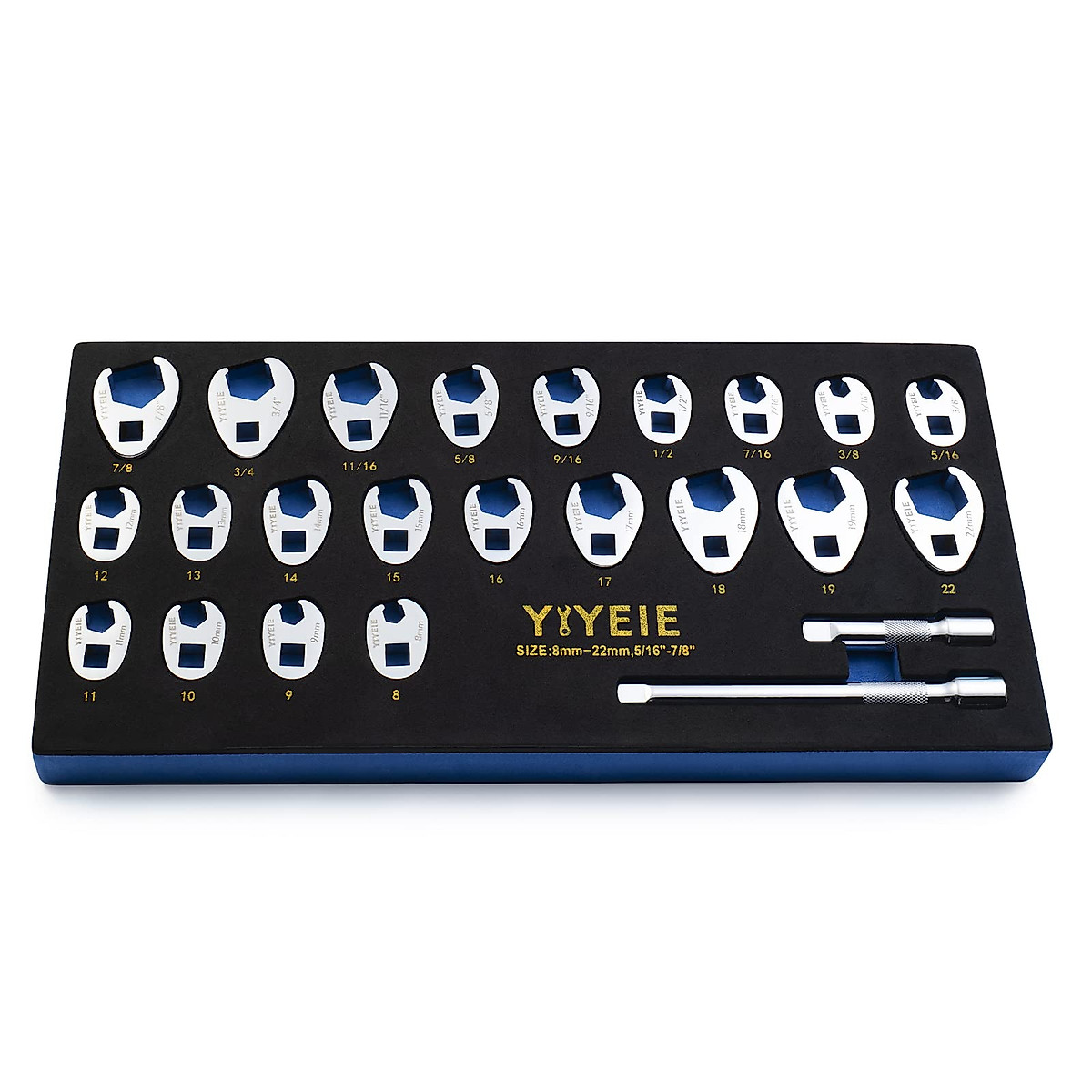 YIYEIE 3/8" Drive Crows Foot Wrench Set, 24PCS Flare Nut Crowfoot Wrench Set, Metric & SAE, 8-22mm & 5/16"-7/8", CR-V Steel, Crows Feet Wrench Set with 2 Extension Bars, Line Wrench Set with EVA Foam