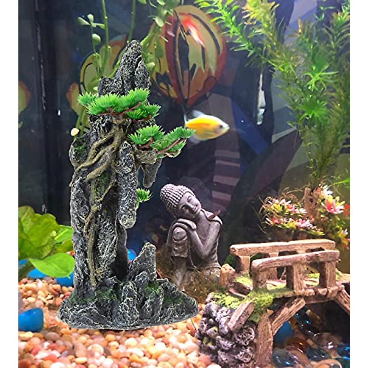 Mairuker Aquarium Mountain View Stone Ornament,Artificial Resin Rock Landscape Fish Tank Decoration for Betta Hiding Reptile,Aquarium Supplies