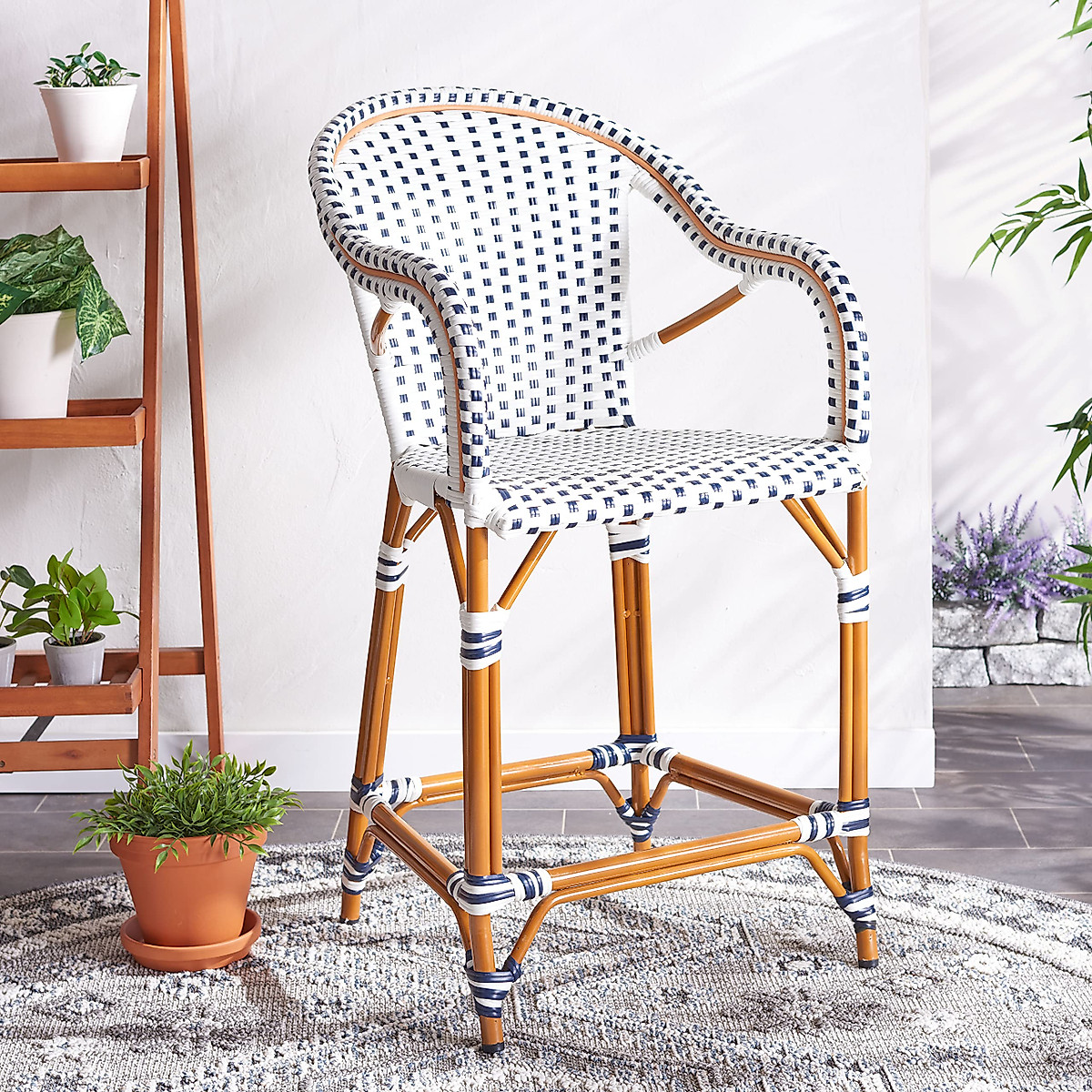 SAFAVIEH Outdoor Collection California White/Navy Bistro Woven Counter Stool with Arms (Fully Assembled)