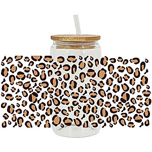 Brown UV DTF Cup Wrap Leopard Printed Rub on Transfers Stickers for Glass Cups Waterproof UV DTF Transfer Cup Stickers Decals for Crafts Ready to Apply Cup Wrap Adhesive Vinyl