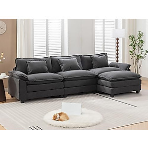IPKIG 117" Sectional Sofa, Velvet L-Shaped Couch Comfy Upholstered 3-Seat Sofa with Ottoman, 3 Lumbar Pillow, Deep Seat Modular Oversized Couch for Living Room, Apartment, Studio (Grey, 4-Seat)
