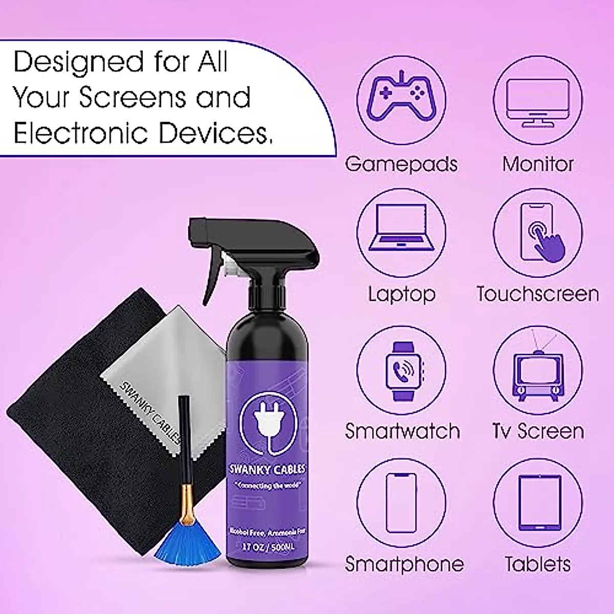 Swanky Computer Screen Cleaner Kit: Electronic Cleaner Spray 17oz + 2 Microfiber Cleaning Cloth For TV, iPad, iPhone, Monitor, PC, Laptop Screens