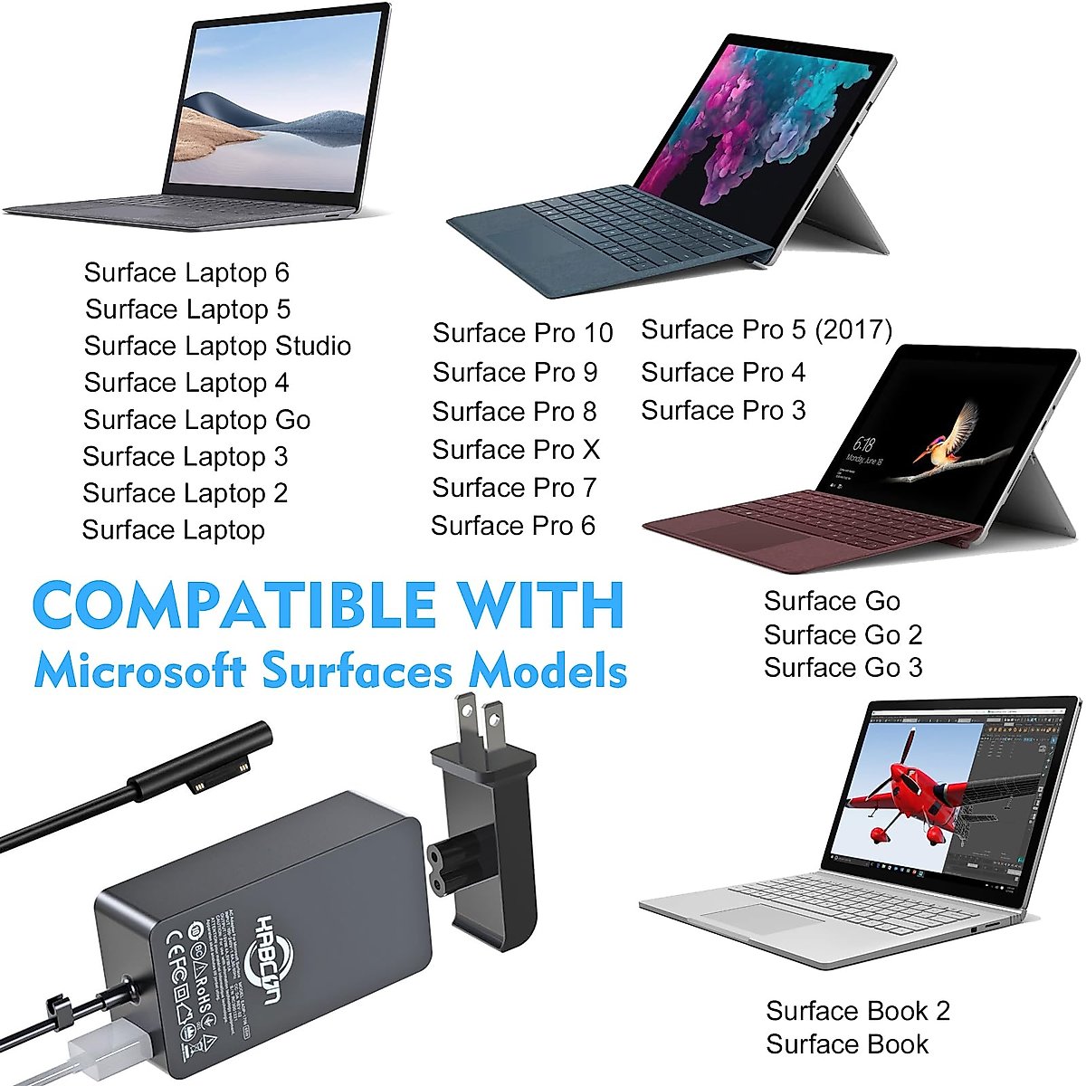 Charger for Microsoft Surface Laptop 6 5 4 go Studio 3 2 1, Surface Pro 10 9 8 X 7 6 5 4 3, Surface Go 3 2 1, Surface Book 2 1, 65W Power Adapter with Travel case and 11.2FT Cord