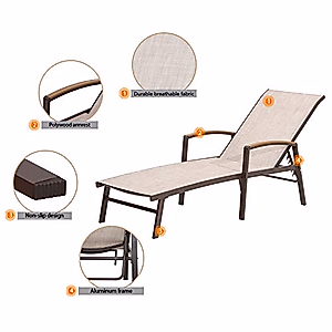 Pellebant Adjustable Aluminum Patio Chaise Lounge Chair with Polywood Arms, 5 Positions and Lay Flat, Outdoor Recliners, Easy Assembly, All Weather Furniture for Beach, Pool and Yard, 1PC, Beige
