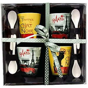 World-Accents Paris Eiffel Tower and Chat Noir Espresso Cups with Spoons in Gift Box, Set of 4 Assorted Styles
