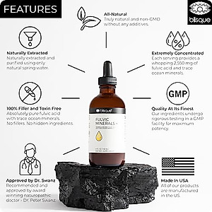 Blisque – Natural Trace Mineral Drops Supplement with Fulvic Acid and Humic Acid | for Detox, Cleanse, Immune Support, Brain Booster, Alkaline Hydration, and Energy | Contains Electrolytes | 4 Ounce