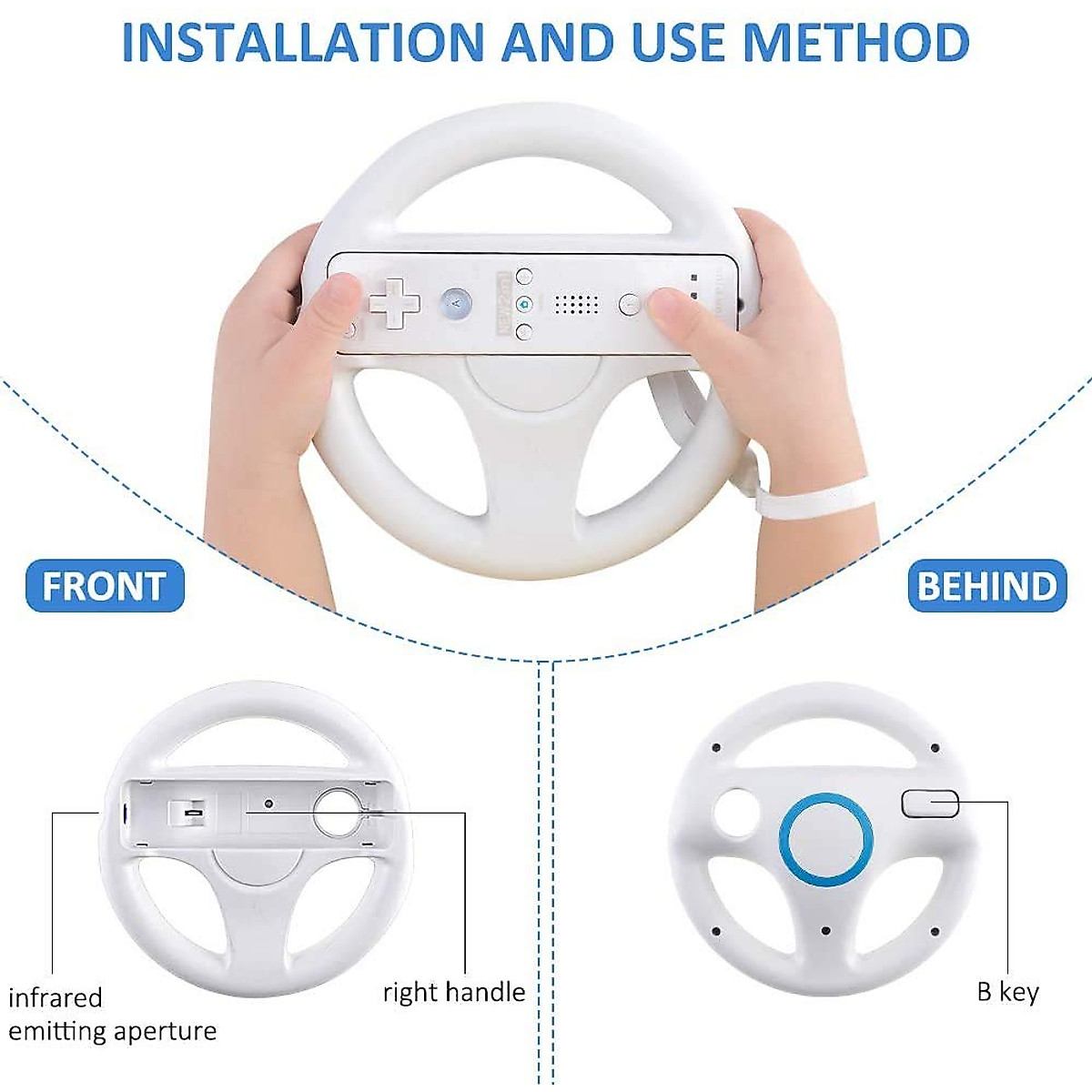 Steering Wheel for Wii Controller, 2 pcs White Racing Wheel Compatible with Mario Kart, GEEKLIN Game Controller wheel for Nintendo Wii Remote Game-White