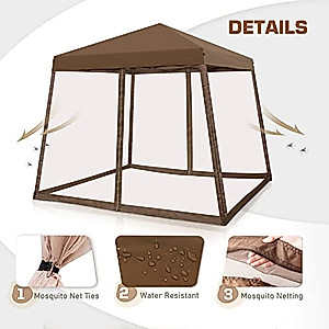 EAGLE PEAK 10x10 Slant Leg Easy Setup Pop Up Canopy Tent with Mosquito Netting 64 sqft of Shade, Brown