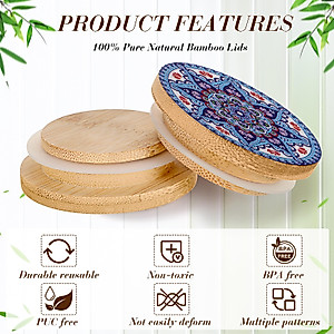 Uiifan 12 Pcs Yogurt Jar Lids Reusable Bamboo Mandala Pattern Lids with Silicone Sealing Rings and 12 Yogurt Bottle Label Jar Wooden Lids Compatible with Oui Yogurt Jars Cookie Spice Coffee Bean Jars