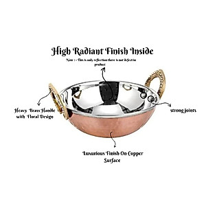 Genx Set of 4, Indian Copper Serveware Karahi Vegetable Dinner Bowl with Solid Brass Handle for Indian Food, Diameter- 13 Cm (5.2 Inches)